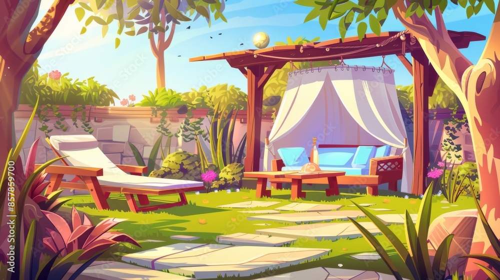Cartoon summer landscape of yard with green grass and fruit trees ...