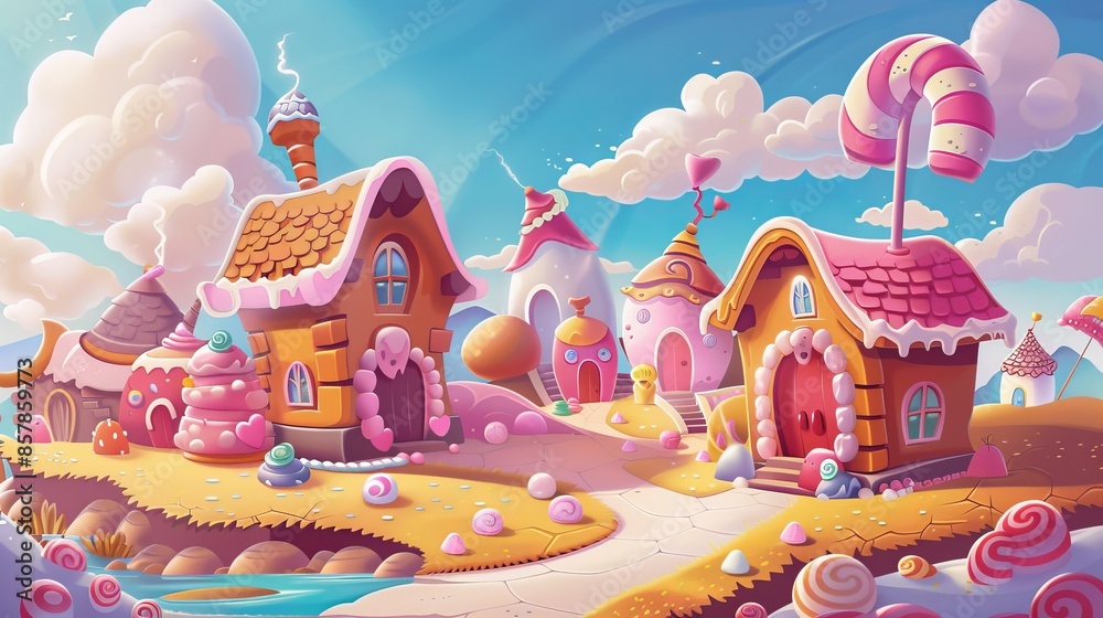 Cartoon modern landscape of pretty fantasy sugar world with cakes and ...