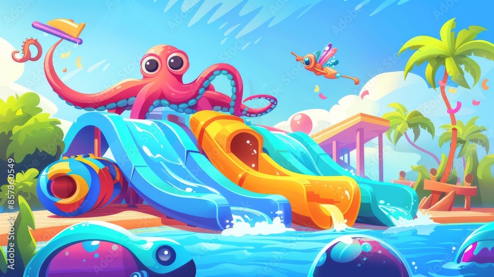 Modern illustration of waterpark with slides and pools. Cartoon modern ...