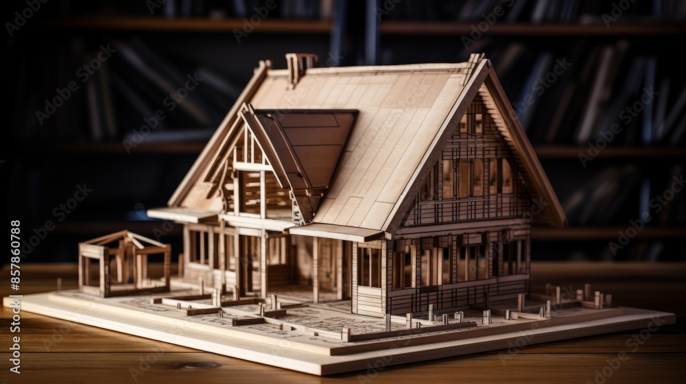 Construction of a wooden house according to architect's drawings. Frame ...