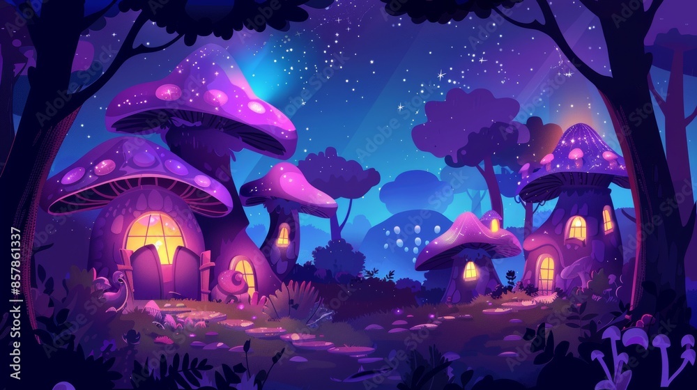 This Is A Modern Cartoon Illustration Of A Fantasy Gnome Village Street In A Dark Forest With