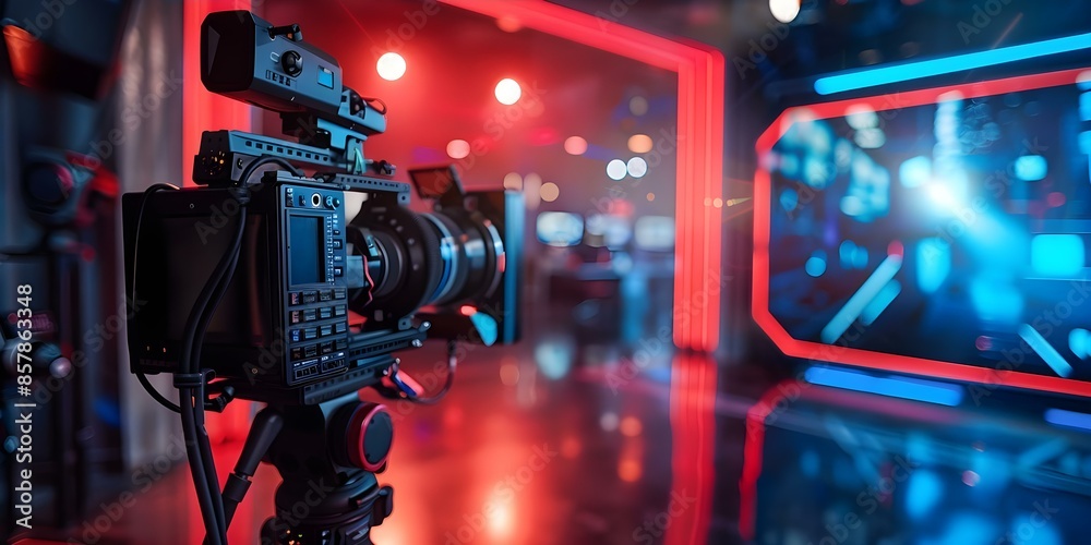 Bright broadcast studio with newsroom LED wall and broadcast cameras ...