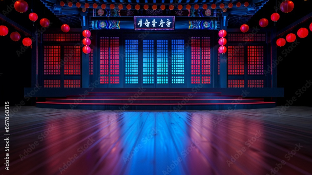 Public stage set for speeches and performances, decorated with Korean ...