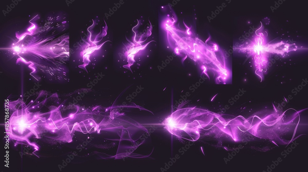 Isolated lightning strikes, purple thunderbolts arcing on black ...
