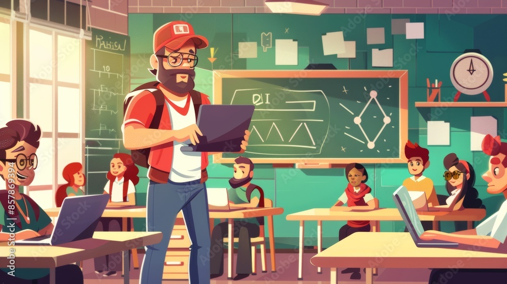 An illustration of a school computer classroom with a teacher and ...