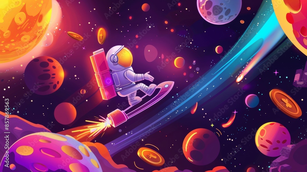 Illustration of level map with child astronaut on spaceship exploring ...