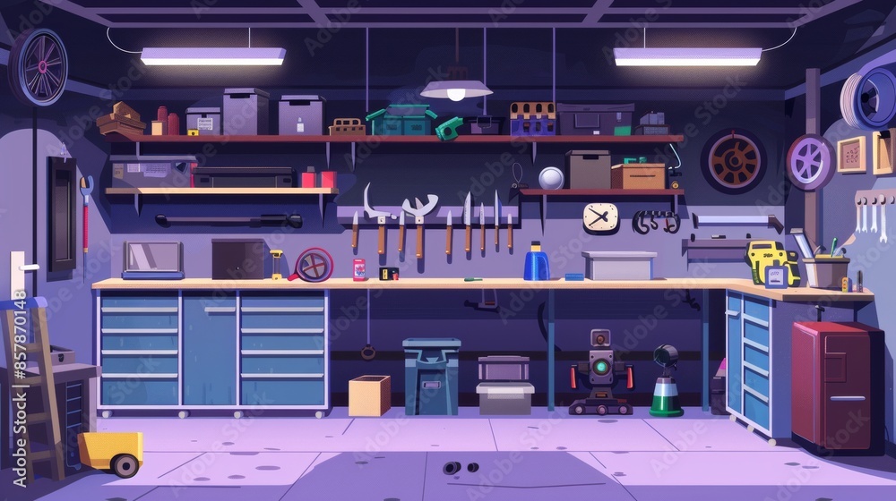 An interior cartoon of a garage with workshop furniture and tools ...