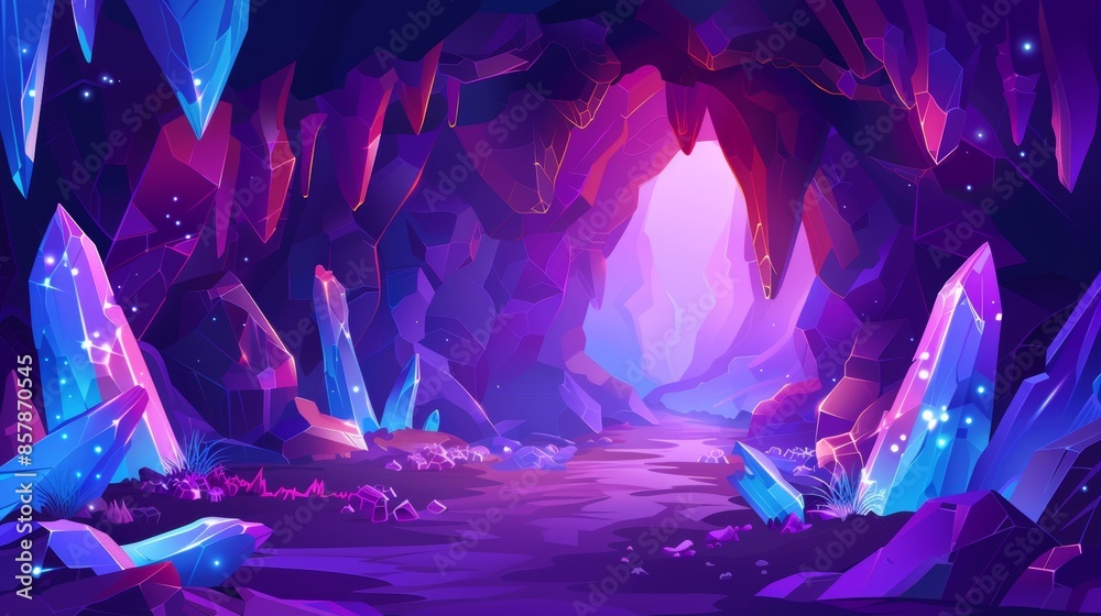 Cartoon modern underground landscape with blue gem crystals in the rock ...