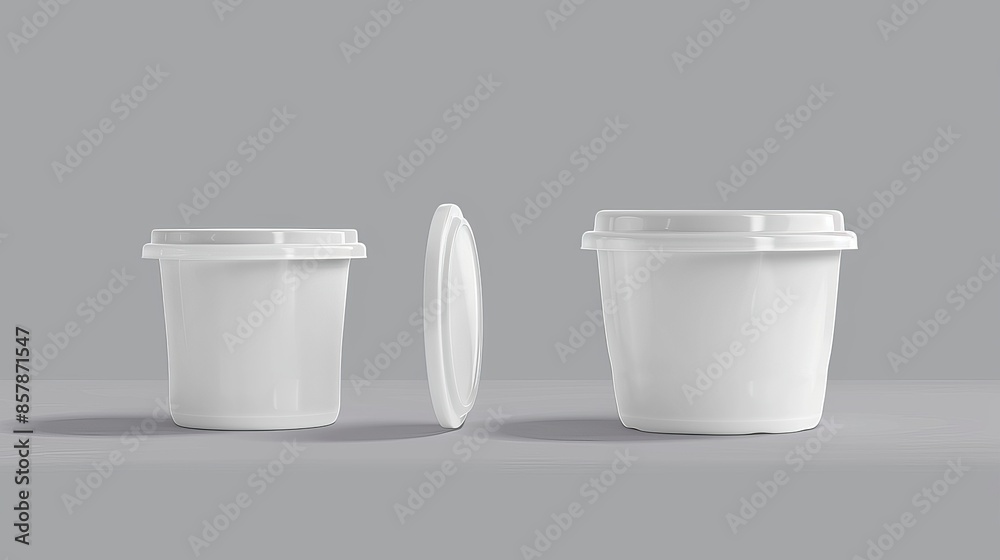 The object is a 3D set of yogurt cups isolated on gray background. The ...