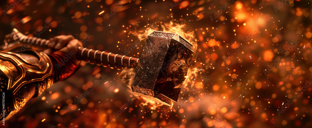 Mjolnir, the hammer of Thor, is thrown by an armored hand in a dynamic ...