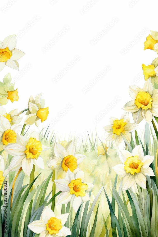 Daffodil field frame or border. watercolor illustration, Perfect for ...