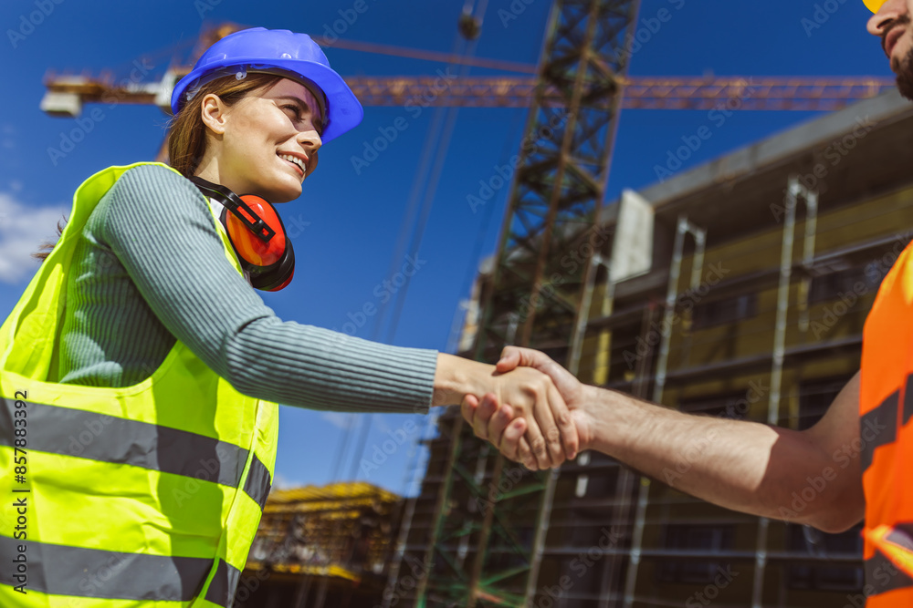 Contractor. construction worker team hands shaking after plan project ...