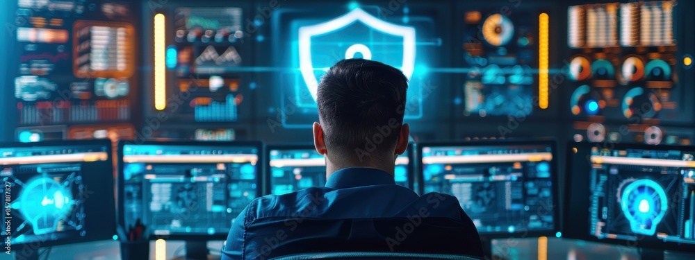 cyber security analyst sitting at a desk, surrounded by multiple ...