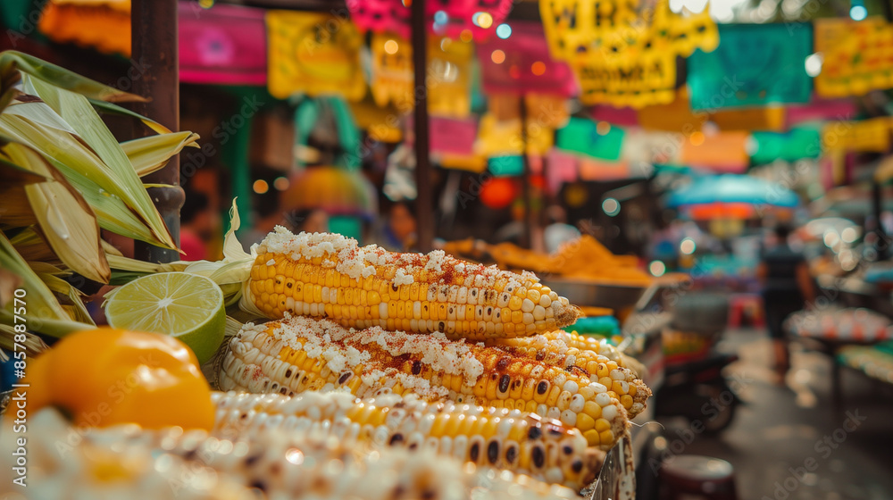 colorful mexican street food market with grilled elote corn and fresh ...