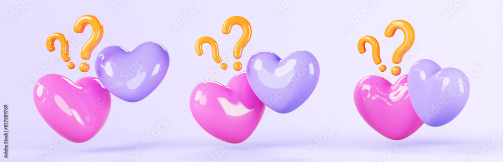 3d set of couple hearts with question marks isolated render icons. Love ...