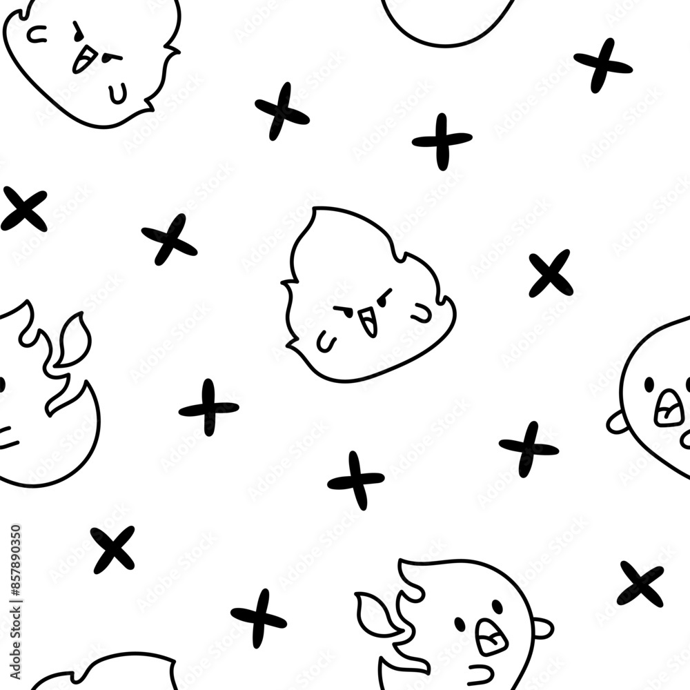 Cute kawaii little fire. Seamless pattern. Coloring Page. Cartoon flame ...