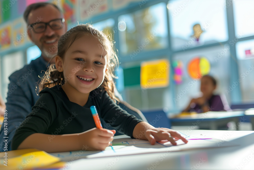 Happy little girl drawing on white paper with crayons, while her father ...