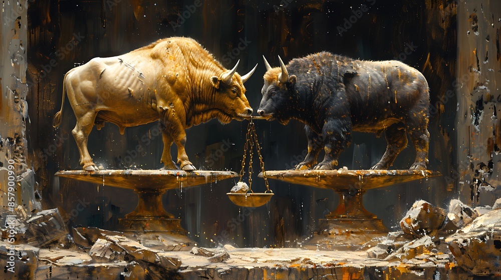 A hyper-realistic painting of a scale with a bull and a bear balancing ...