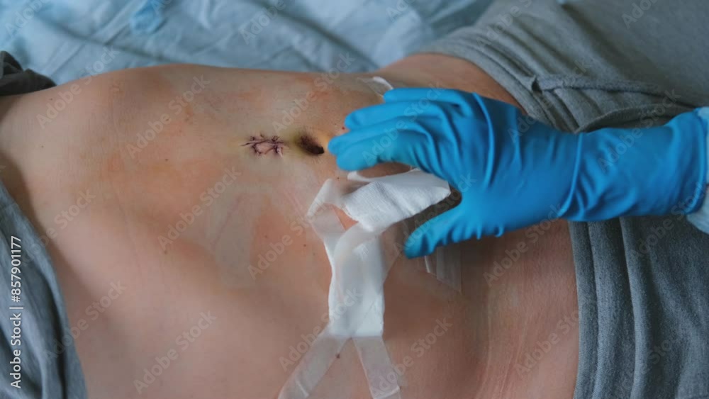 Hands of medic or nurse in blue gloves examining a fresh suture on a ...