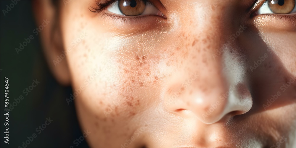 Close-up portrait of a woman's face showing melasma skin condition ...