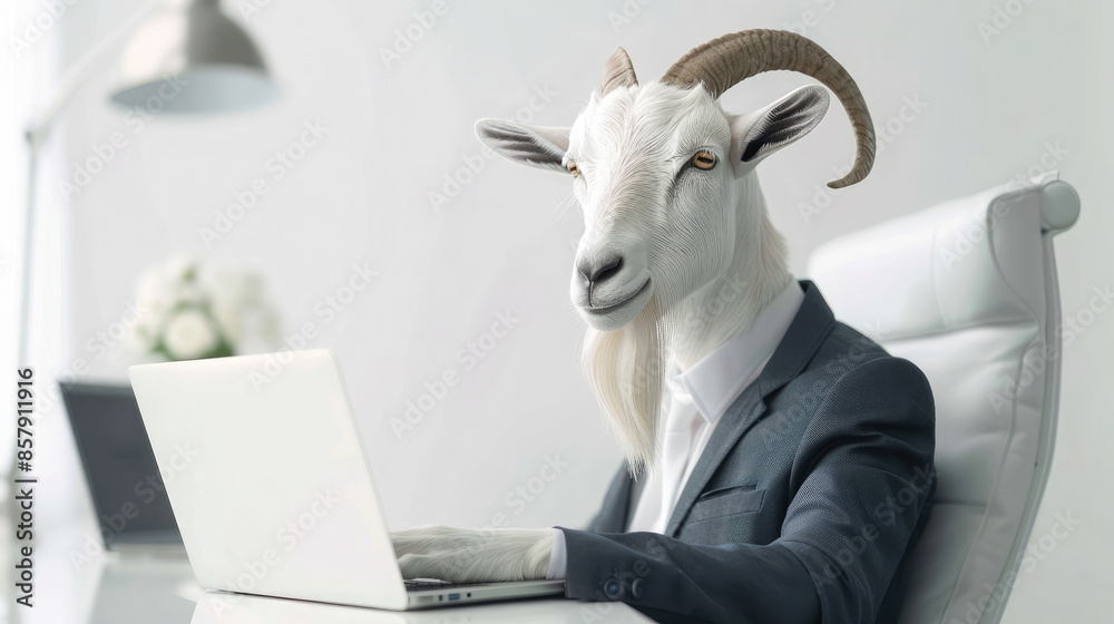A white goat, dressed in a sleek business suit, sits confidently at its ...