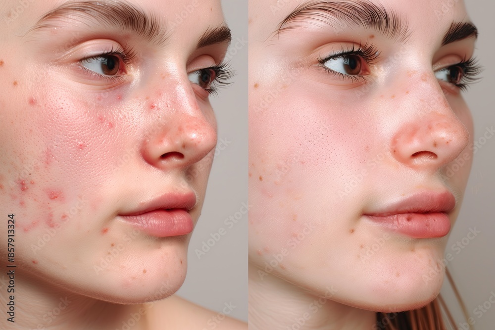 Closeup of a woman's face before and after using a cream for skincare ...