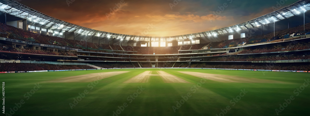 A Spectacular sport cricket stadium with glowing floodlights and empty ...