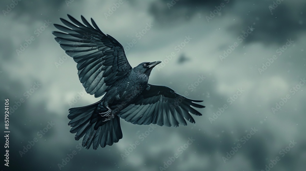 Flying blackbird, wings outspread, dark stormy sky in the background ...