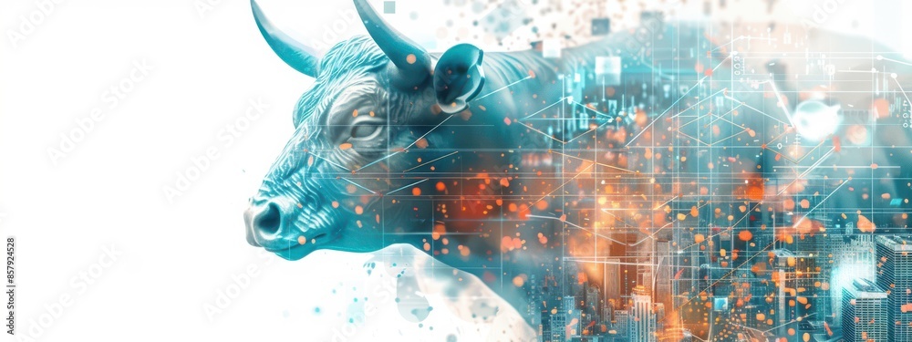 Double exposure image of a bull and a bear colliding, representing the ...