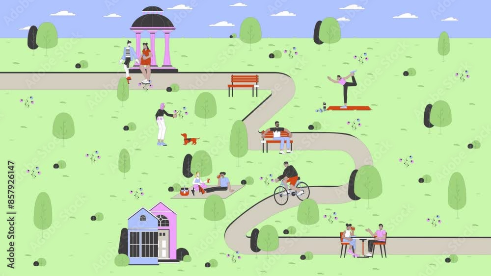 Green summer park in city line cartoon animation. Walkable town. Public ...