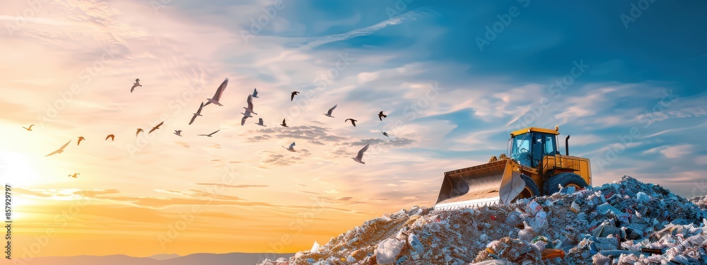 Landfill Site: A large landfill with bulldozers compacting waste, and ...