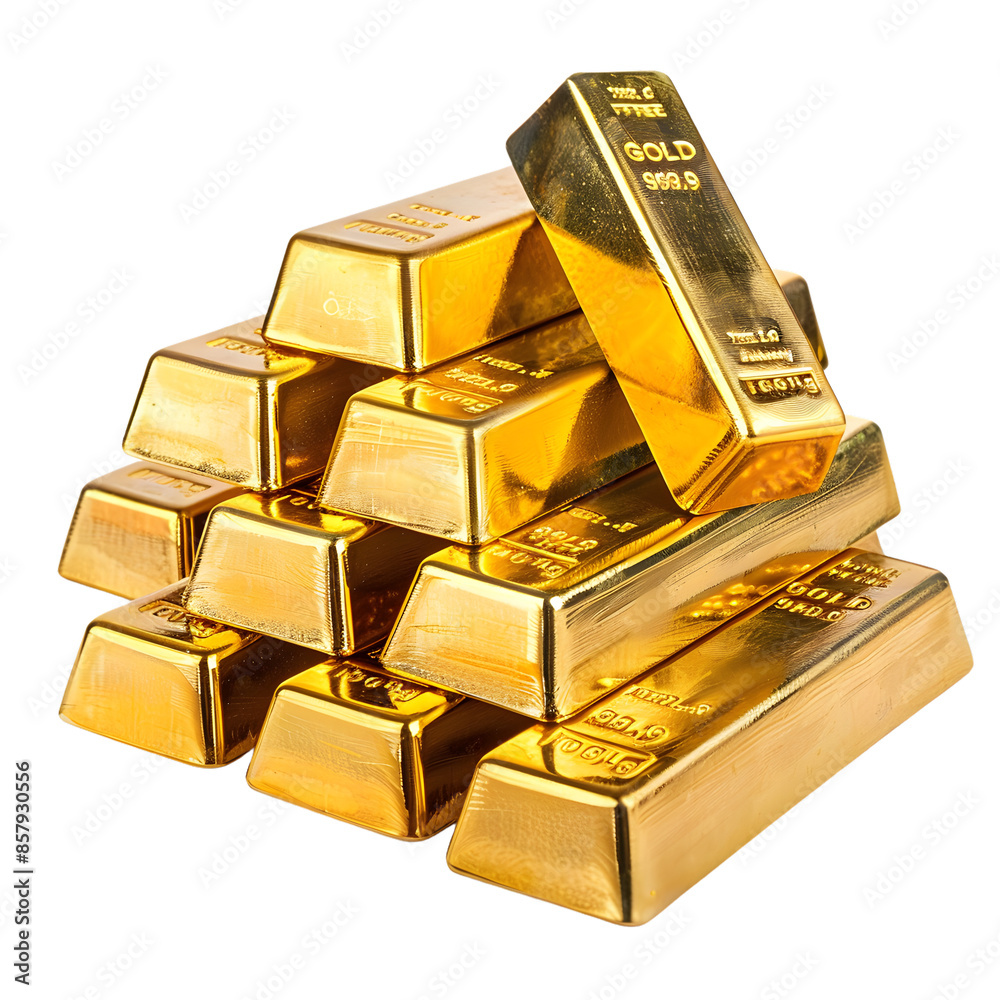 A stack of gold bars. The bars are arranged in a pyramid shape, with a ...