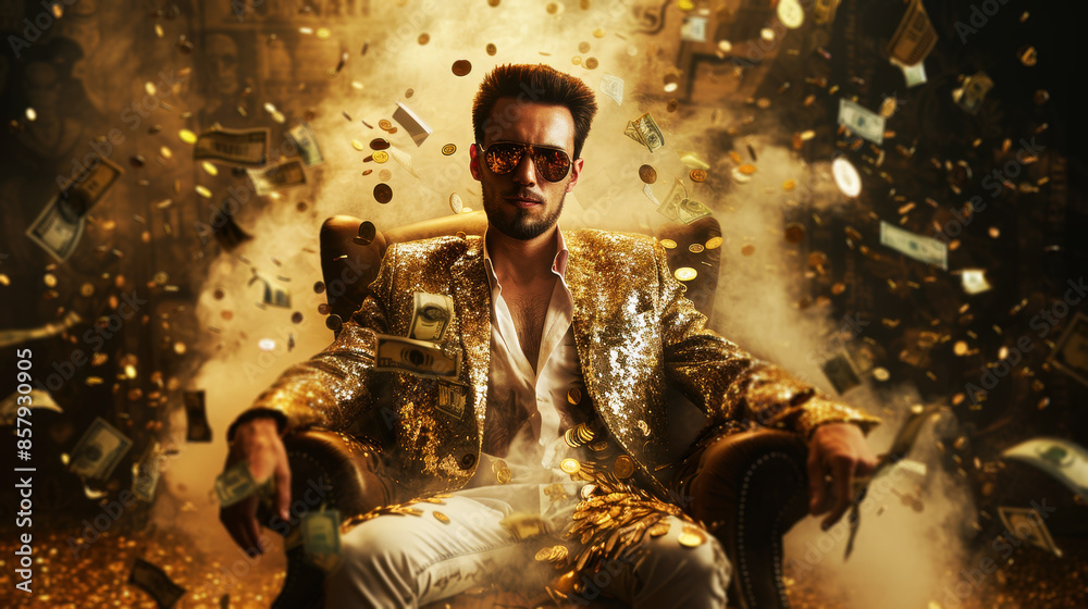 ภาพประกอบสต็อก wealthy man in a gold suit sitting on a throne with ...