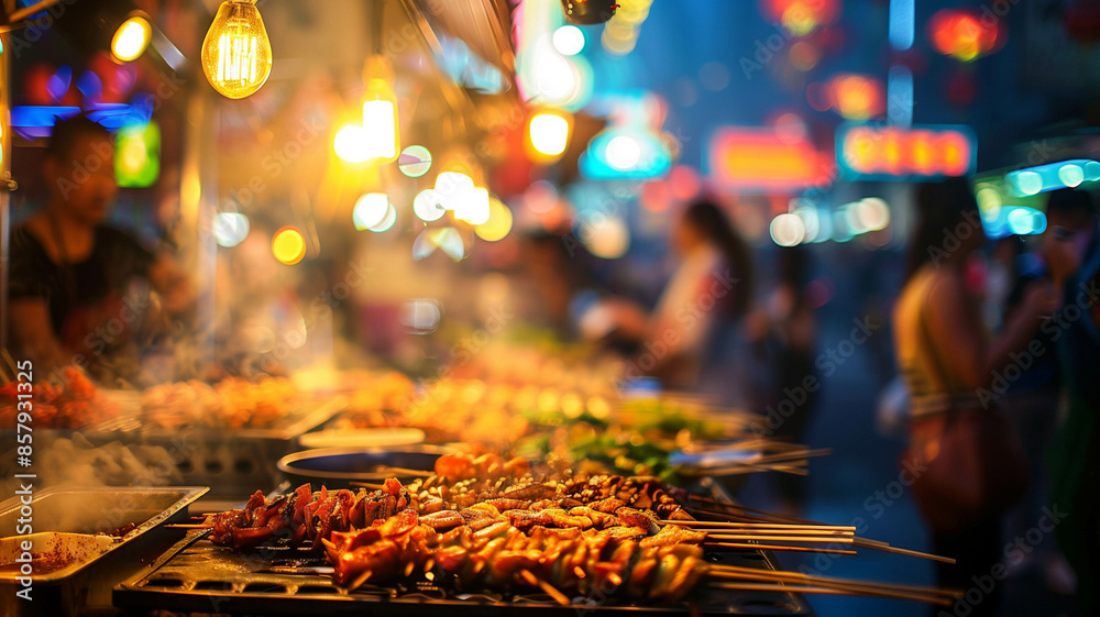 A food stall grilling traditional Chinese street food with smoke rising ...