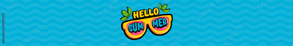 Super Hello summer wide banner with text and retro yellow sunglasses ...