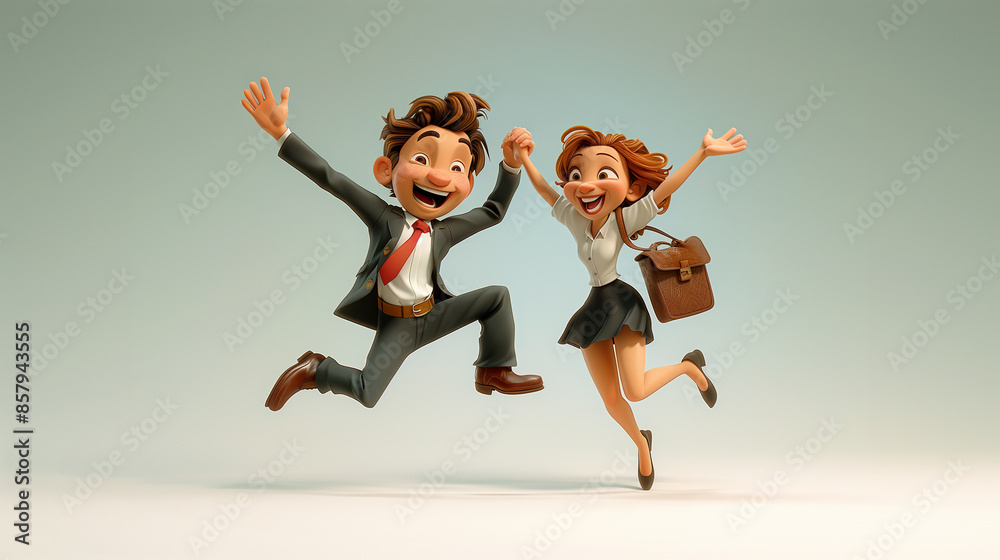 Happy businessman and woman teamwork coworkers jumping and hi five ...