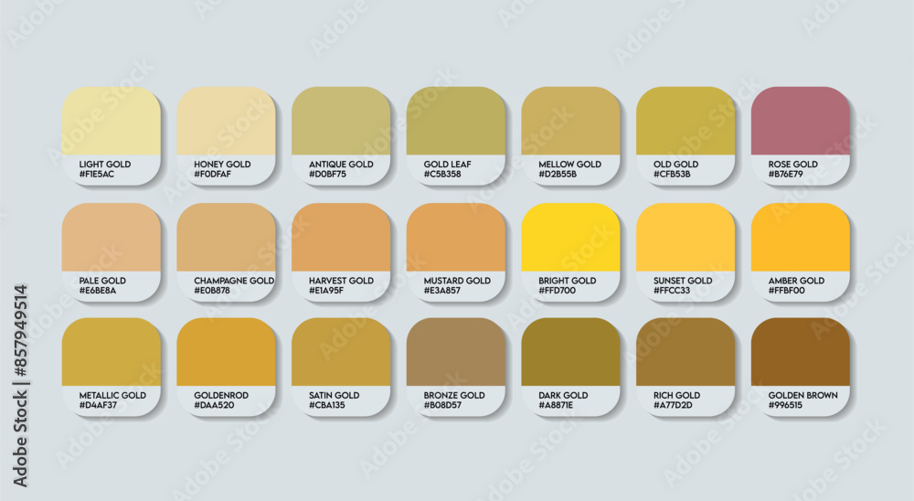 Gold Color Palette, Gold Color Guide Palette with Color Names. Catalog ...