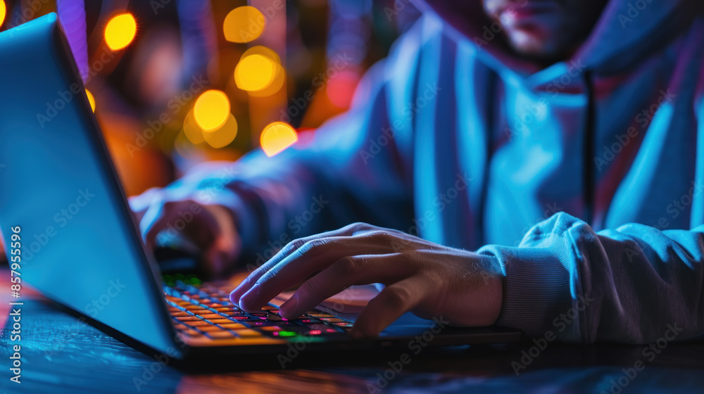 Hacker using laptop computer in dark room with lights background. Young ...