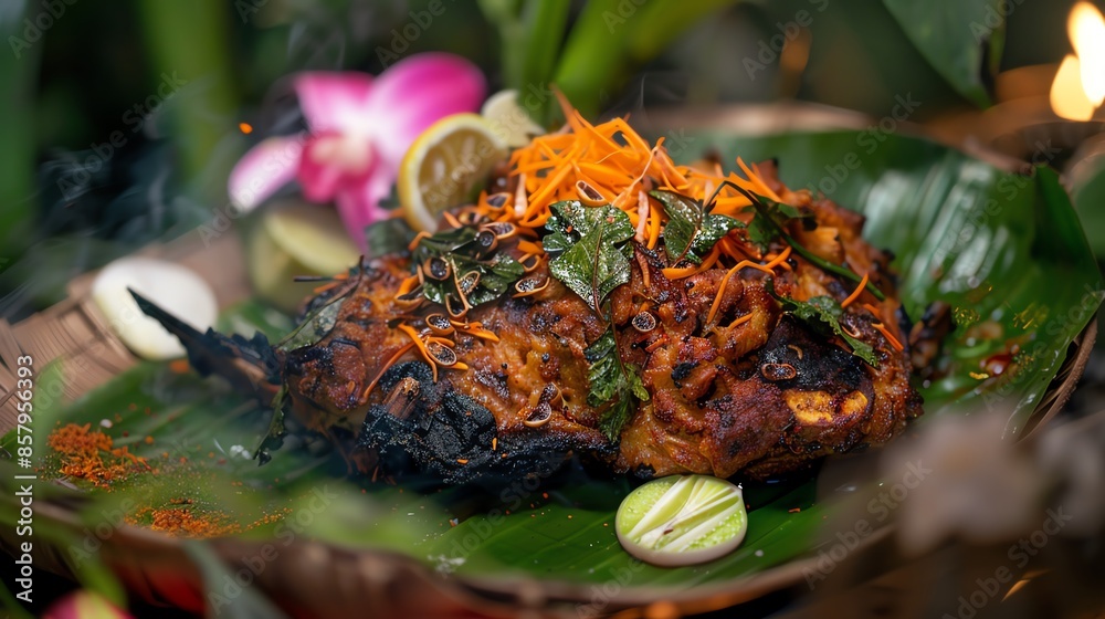 A dish of Papua New Guineas mumu with a mix of meat, sweet potatoes ...