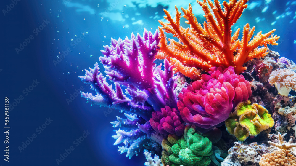 Colorful coral reef. Underwater world. Exotic life in deep ocean ...