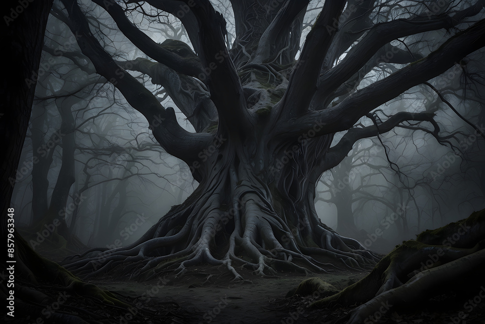 In the depths of a horror baroque forest, ancient trees curl and twist ...