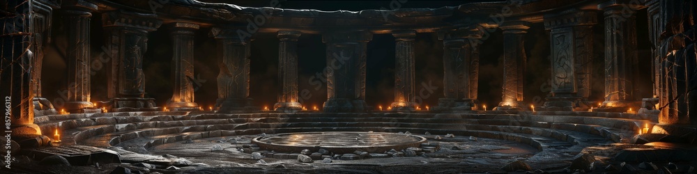 3D Rendered Circular Stone Arena with Pillars and Dark Background for ...