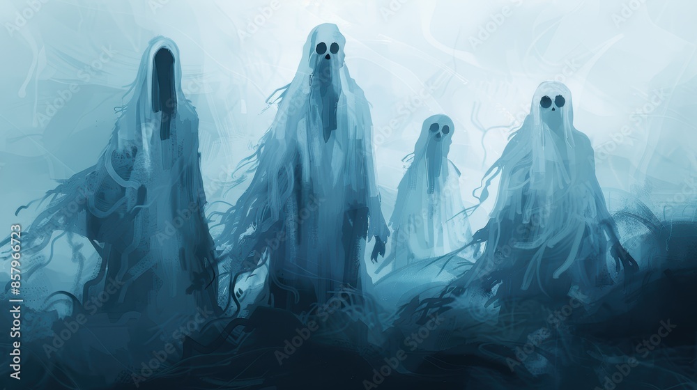 Four ghosts are walking through a foggy, misty forest. The ghosts are ...