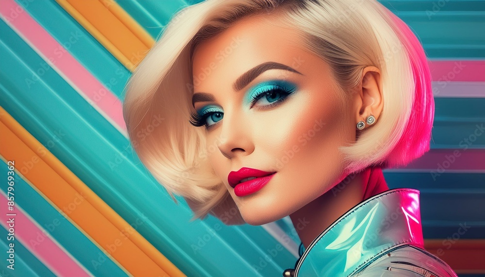 vintage retro pop art woman with red lips and nails; beauty, fashion ...