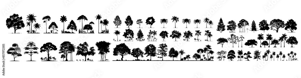 Side view silhouette tree line drawing set, set of graphics trees ...