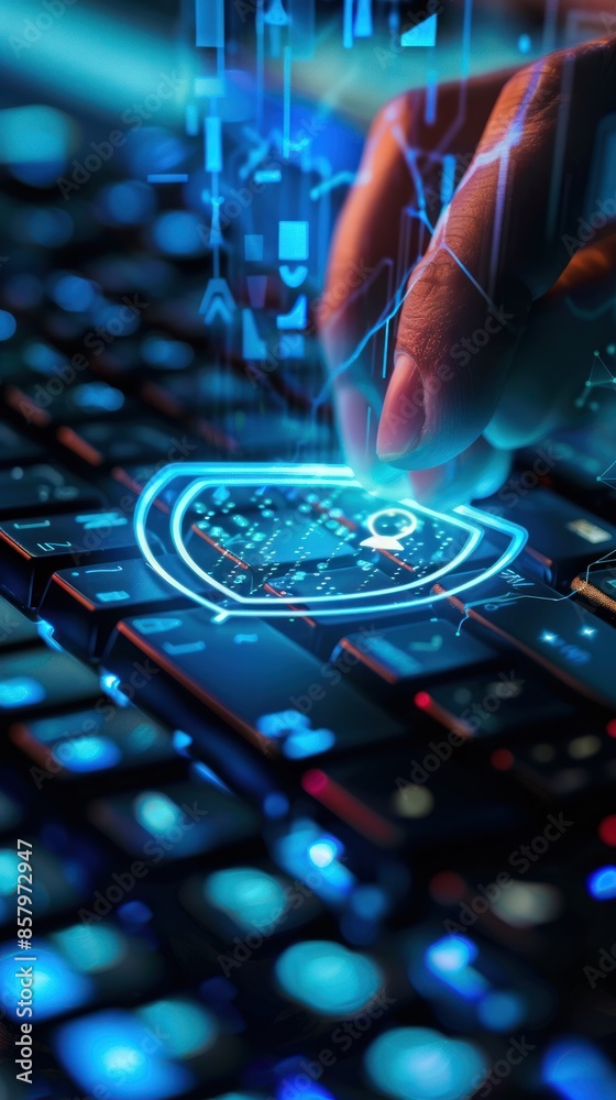 A person typing on their laptop with the symbol of security and safe ...