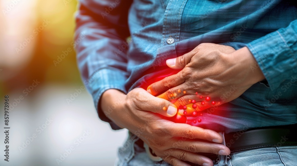 A person in distress grips their belly, overlaid with a digestive ...