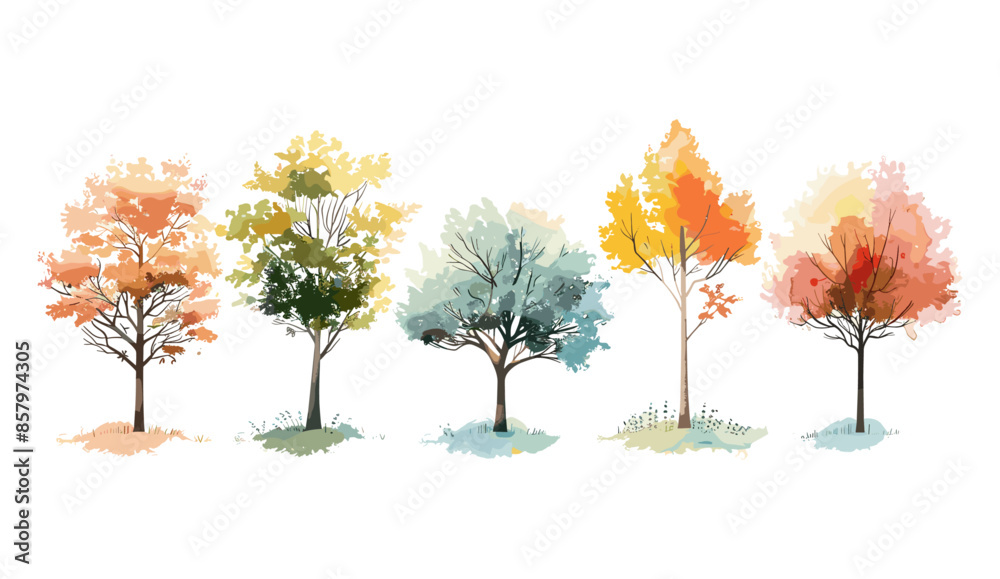 Minimal style tree painting hand drawn, Side view tree watercolor ...