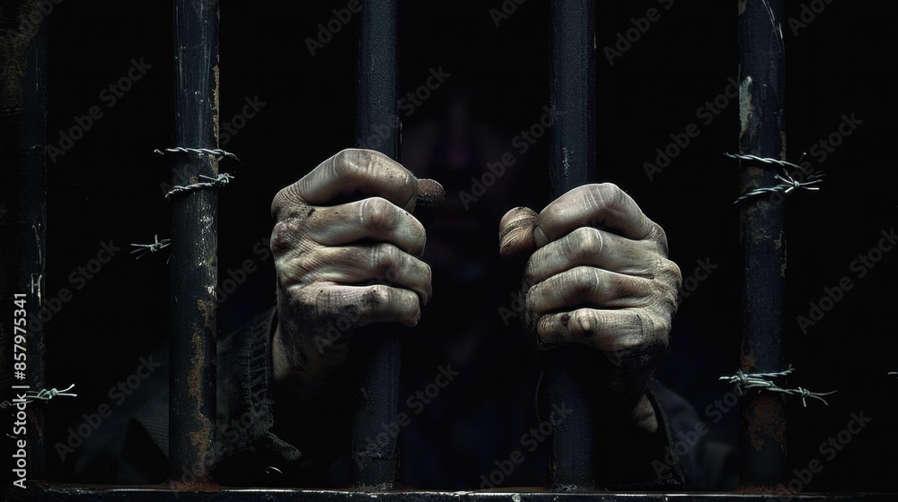 A dark, dramatic image of hands gripping prison bars, highlighting the ...