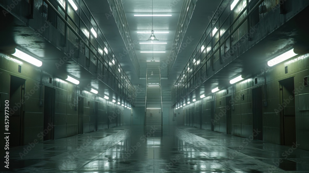 In the prison's expansive corridor, cells rise in tiers along both ...